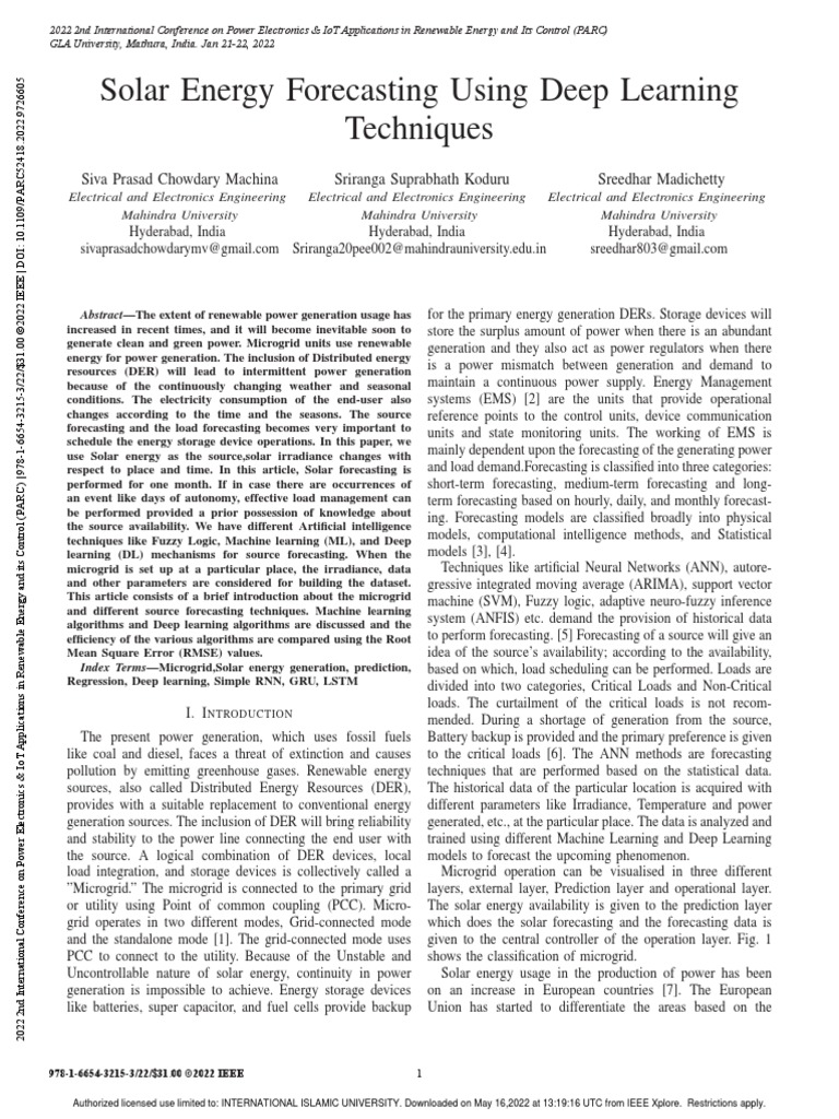 Solar Energy Forecasting Using Deep Learning Techniques Pdf