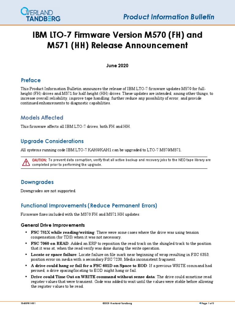 IBM LTO-7 Firmware Versions M570 (FH) and M571 (HH) Release Notes | PDF