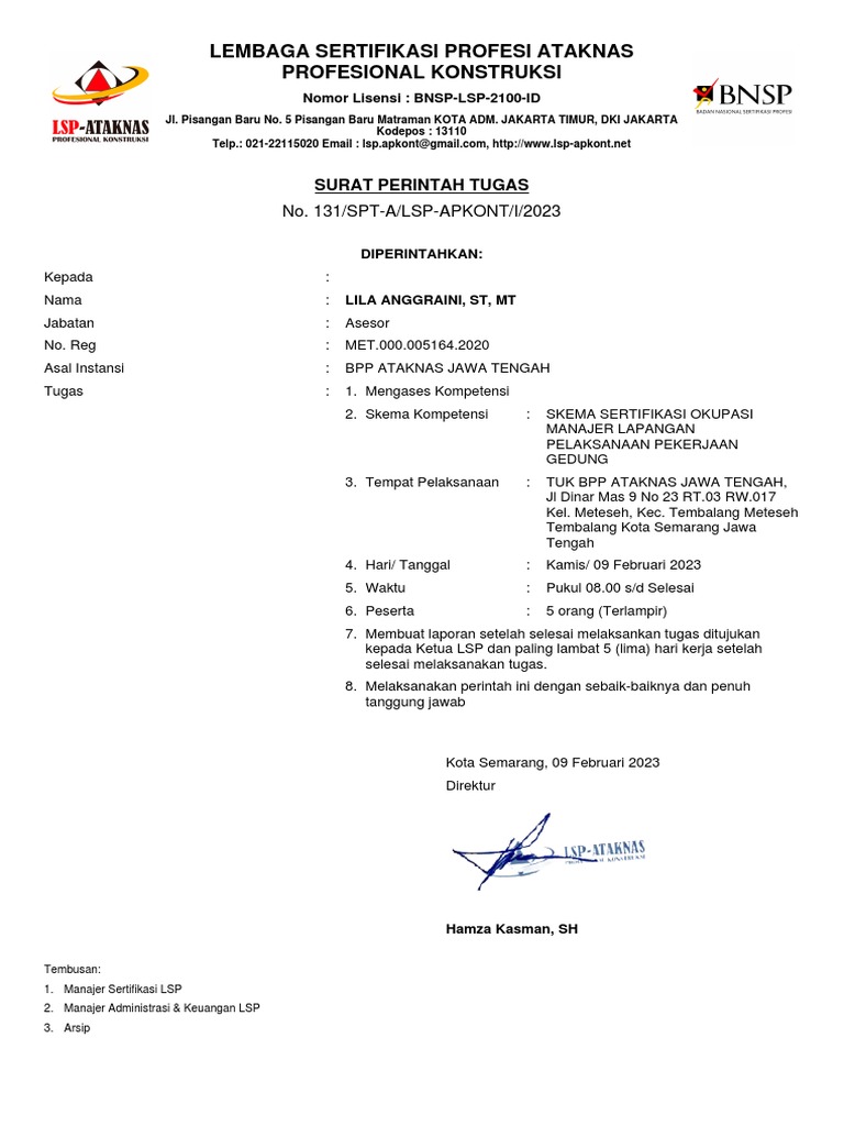 surat-tugas-asesor-SKEMA SERTIFIKASI OKUPASI MANAJER LAPANGAN PELAKSANAAN PEKERJAAN GEDUNG-466 | PDF