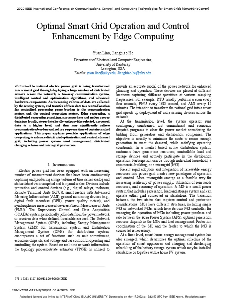 Optimal Smart Grid Operation and Control Enhancement by Edge Computing | PDF | Electrical Grid ...