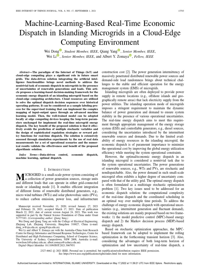 Machine Learning Based Real Time Economic Dispatch In Islanding Microgrids In A Cloud Edge 2180