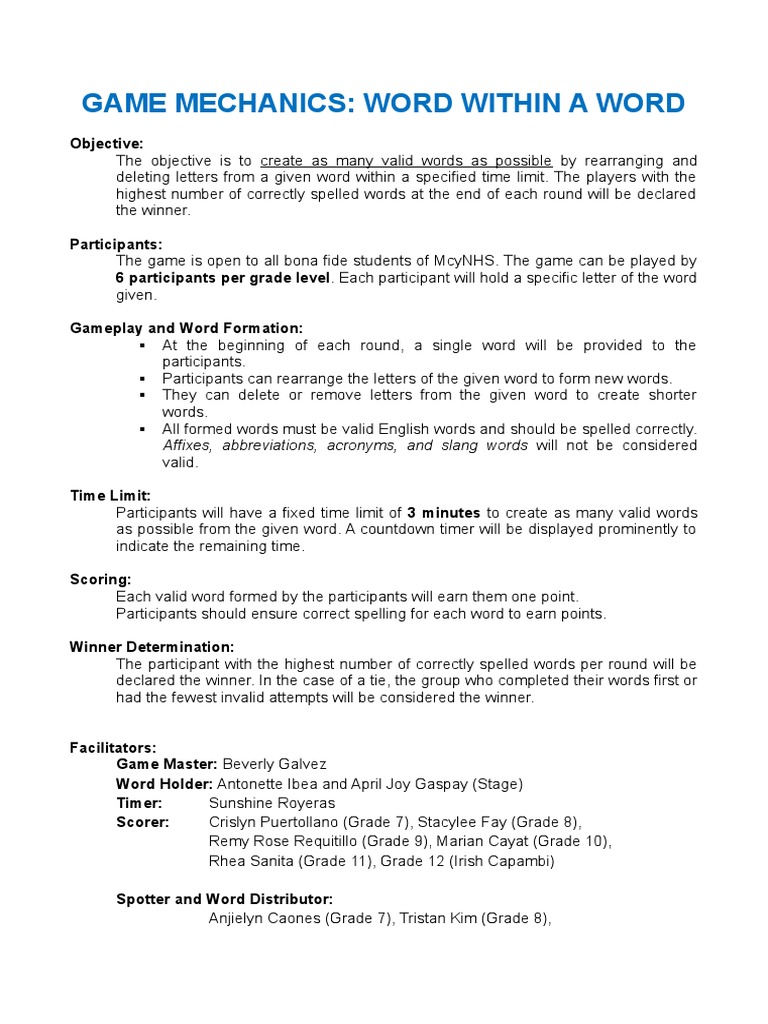 Word Within A Word Game | PDF