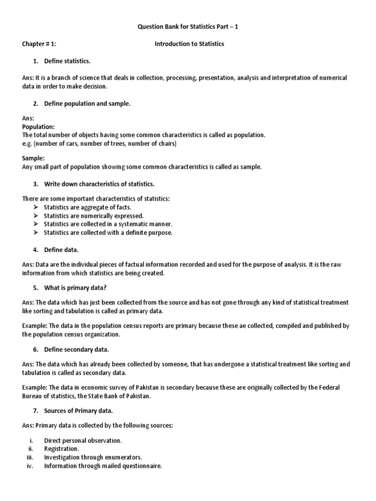 Question Bank Part I With Answers | PDF | Mean | Mode (Statistics)