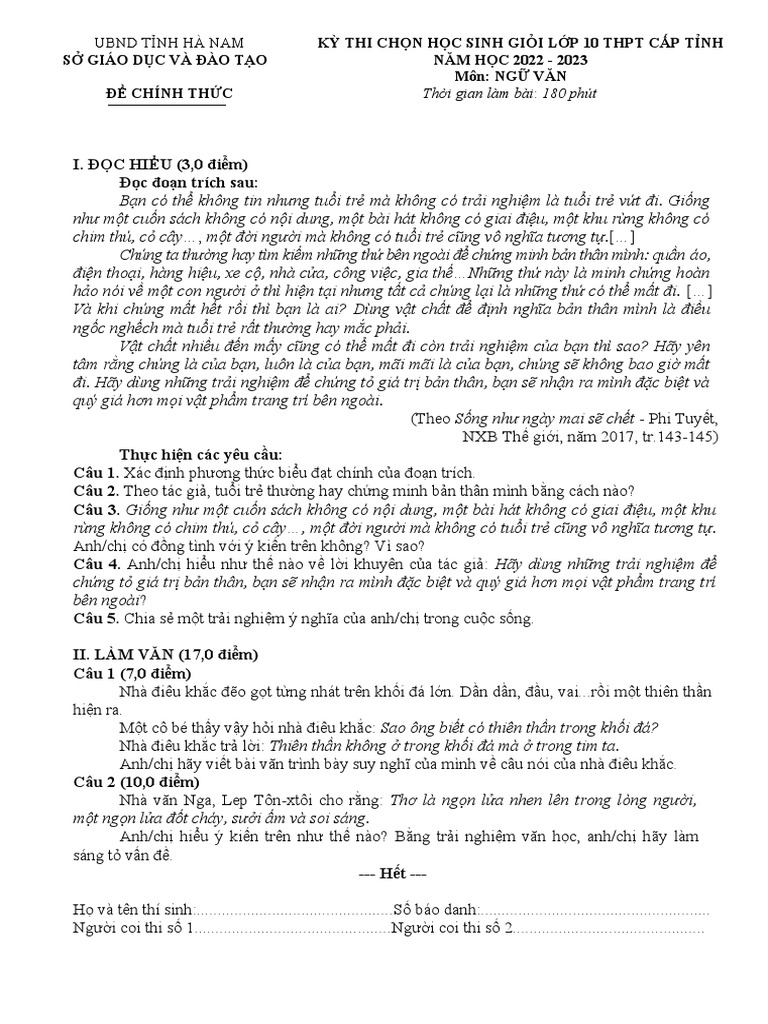 Văn 10-HSG-2023 | PDF