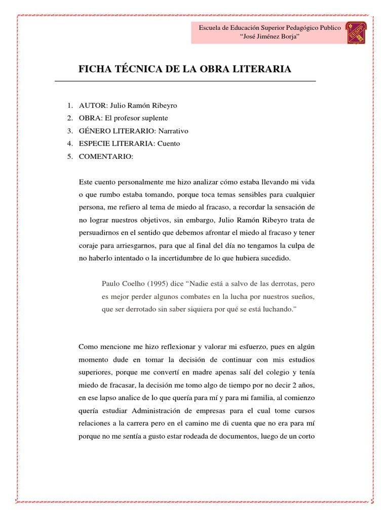 FICHA TÉCNICA DE LA OBRA LITERARIA | PDF