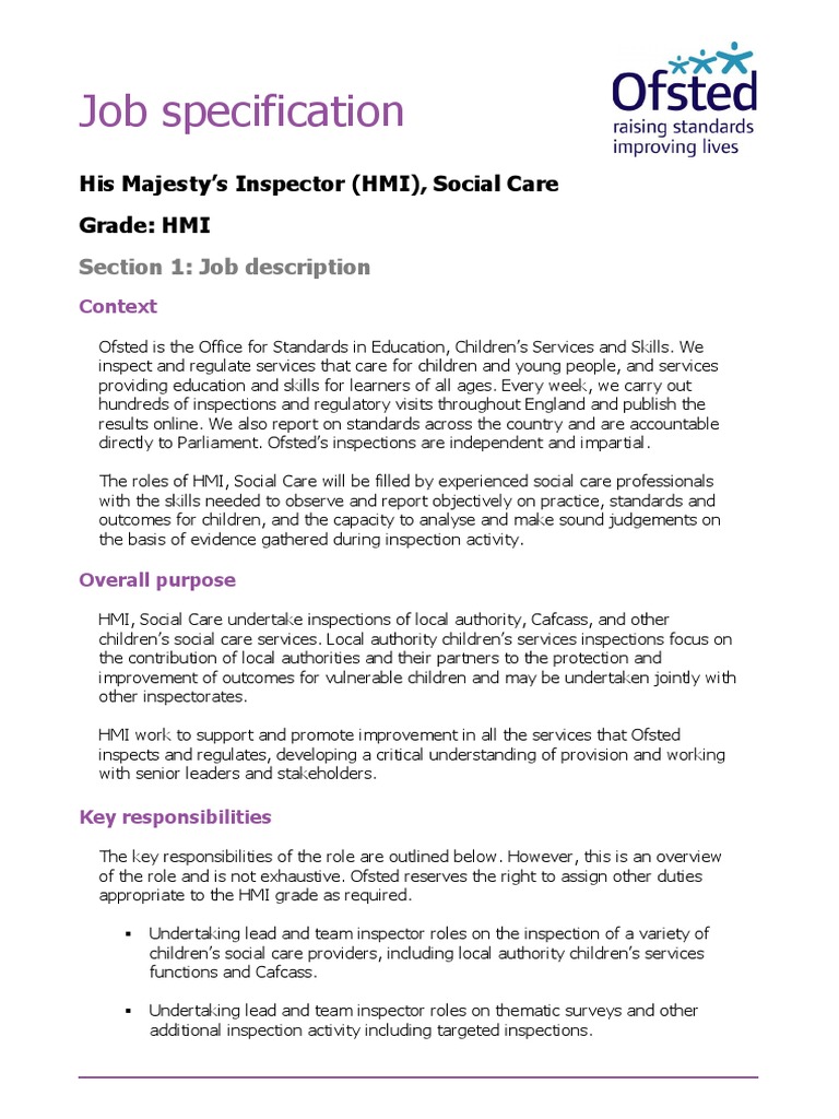 Job Specification: His Majesty's Inspector (HMI), Social Care Grade ...