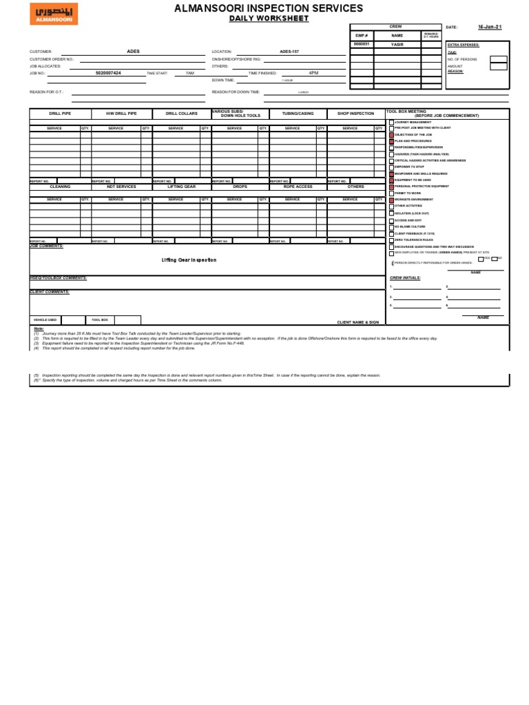 Daily Crew Worksheet for Inspection Services | PDF | Drill ...