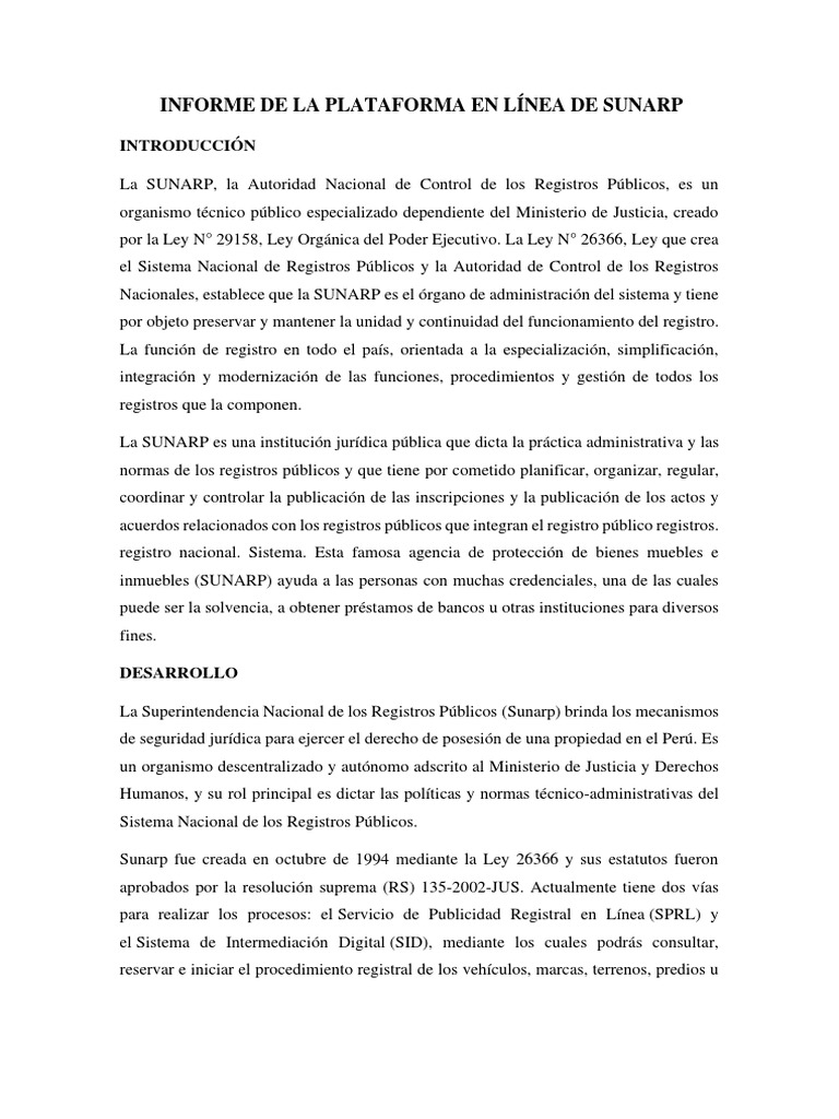 Informe de La Plataforma en Línea de Sunarp | PDF | Propiedad | Bienes raíces