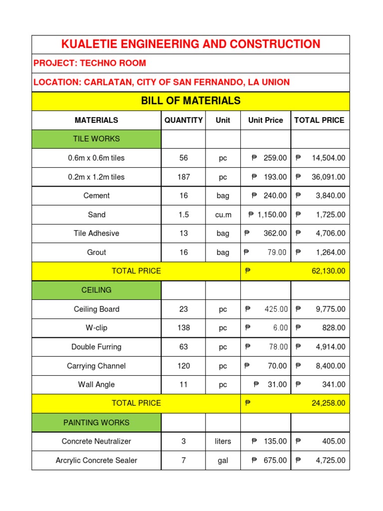 D. Bill of Materials | PDF | Tile | Wall