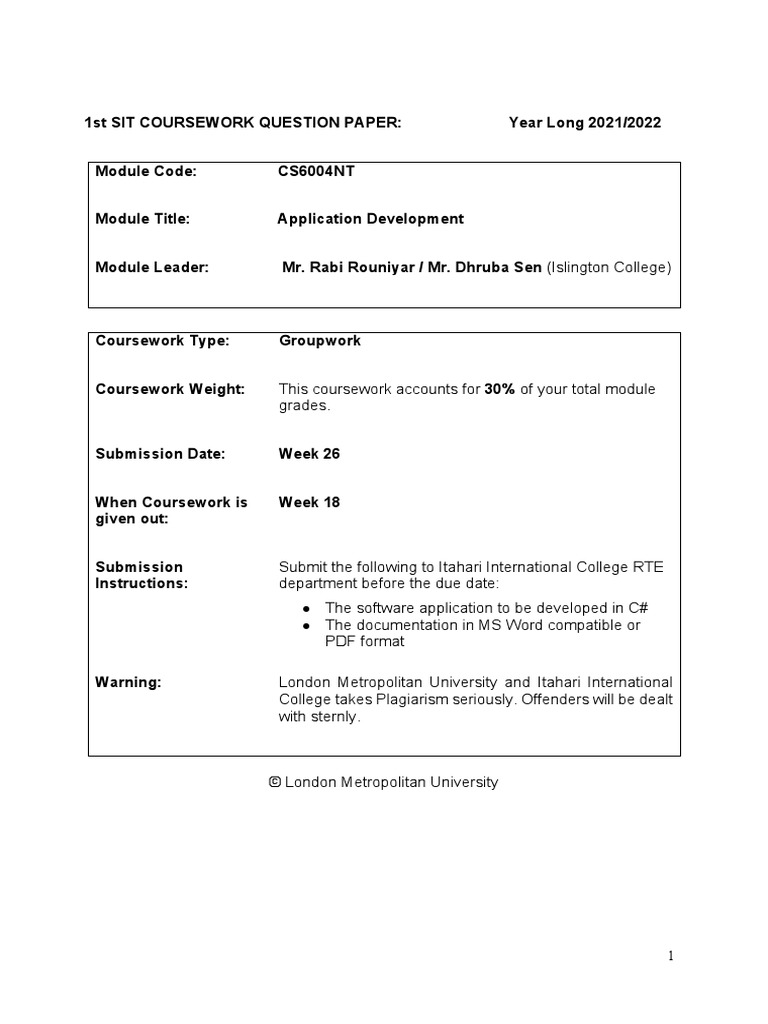 CS6004NT Application Development Y21 Year Long CW2 QP | PDF | Software | Dvd
