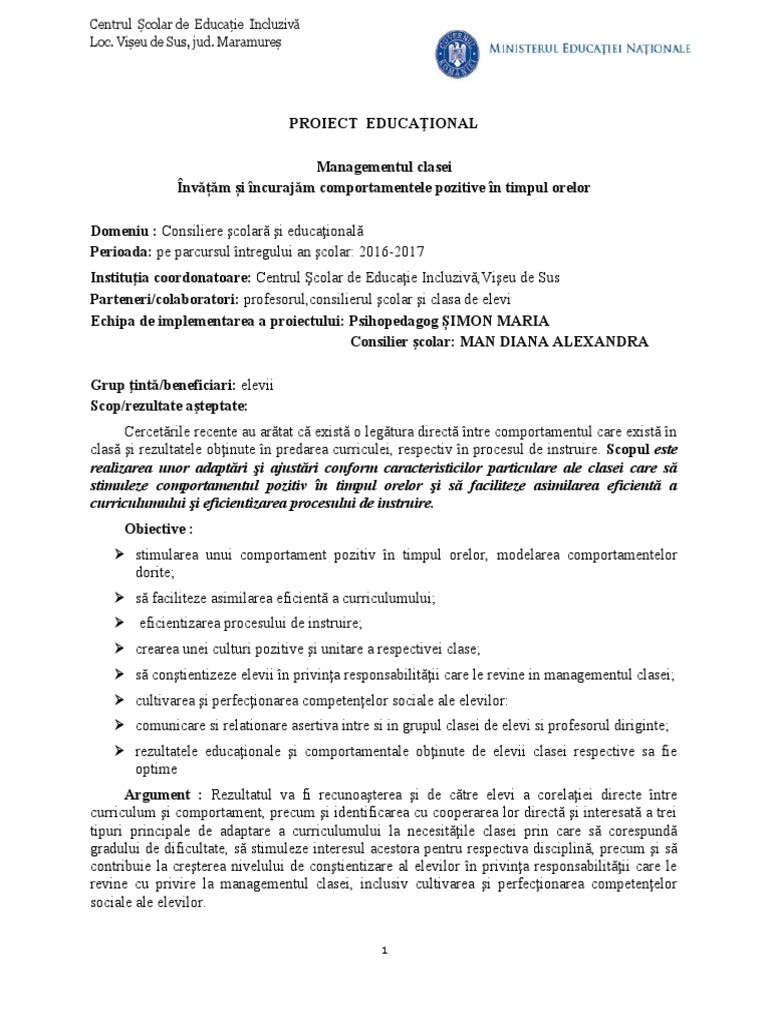 Managementul Clasei Proiect Educational | PDF