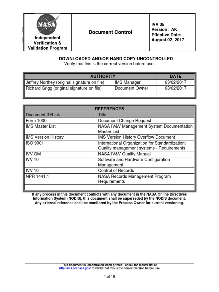 NASA IV&V Document Control Process | PDF | Verification And Validation ...