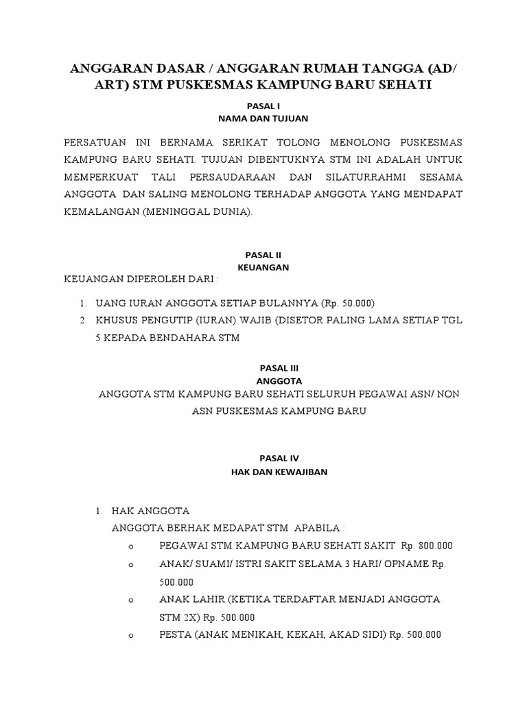 Anggaran Dasar STM Puskesmas Kampung Baru | PDF | Pengelolaan Keuangan ...