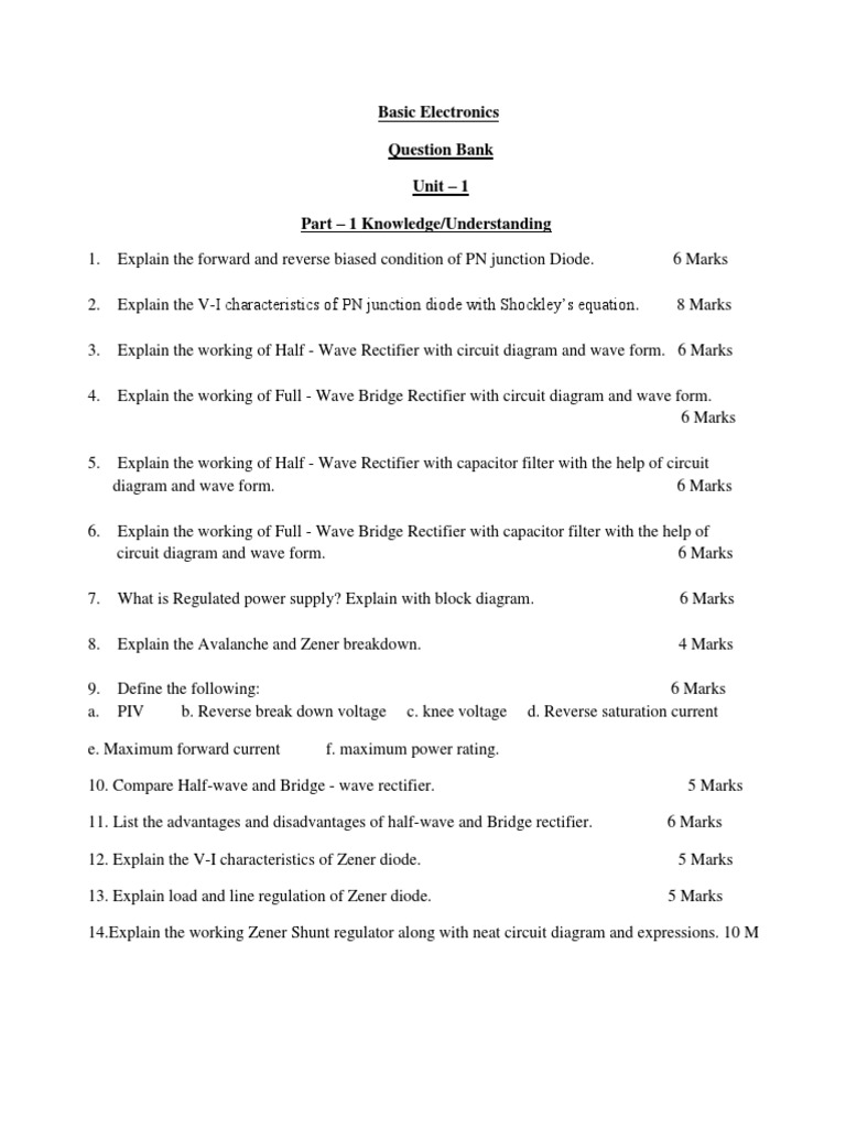 Basic Electronics Question Bank: Diodes & Rectifiers | PDF | Science & Mathematics