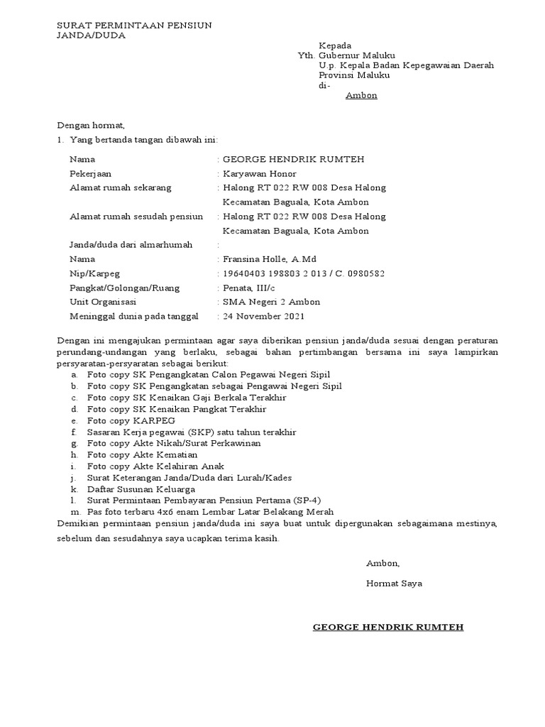 Surat Permintaan Pensiun Janda Abner E. Latuolong | PDF