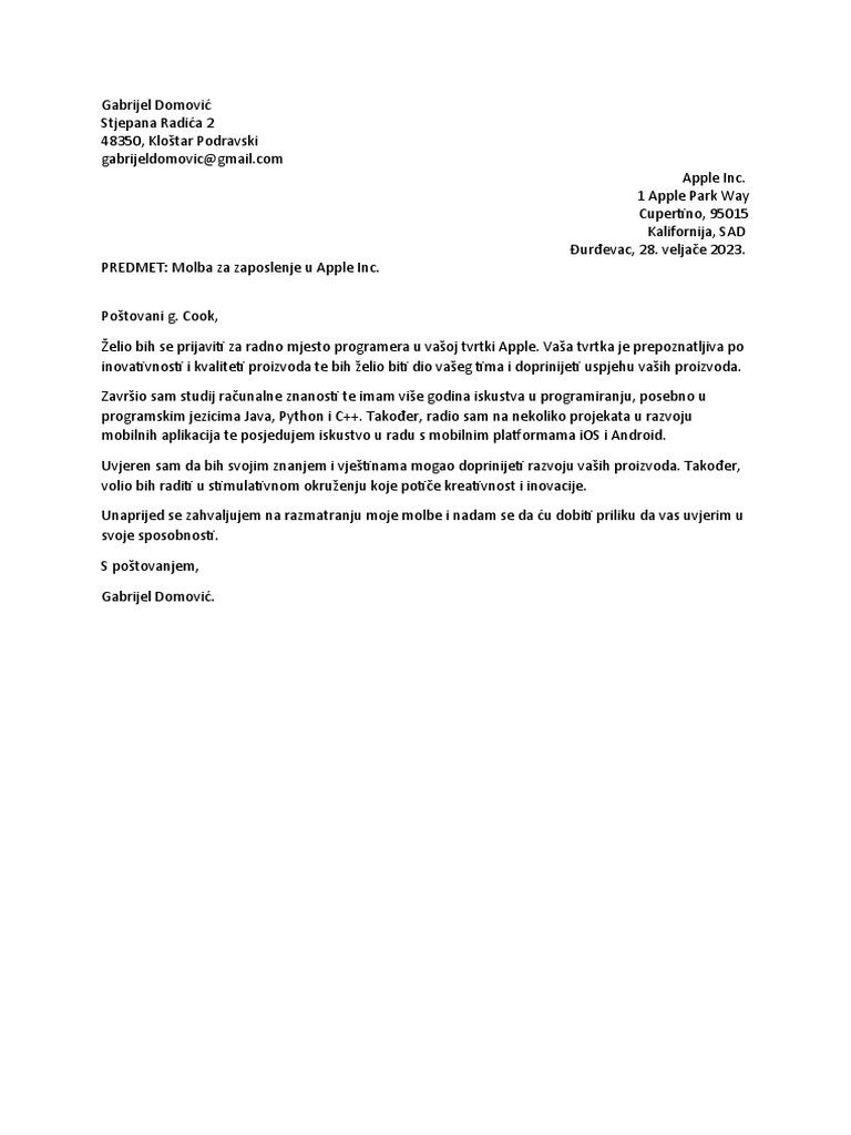 Domović, G. 3.b Molba Za Zaposlenje | PDF