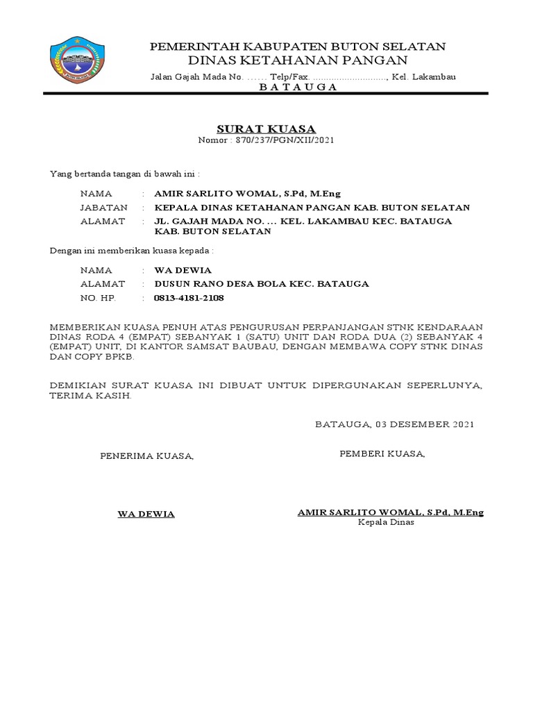 Surat Kuasa Perpanjangan STNK Kendaraan | PDF