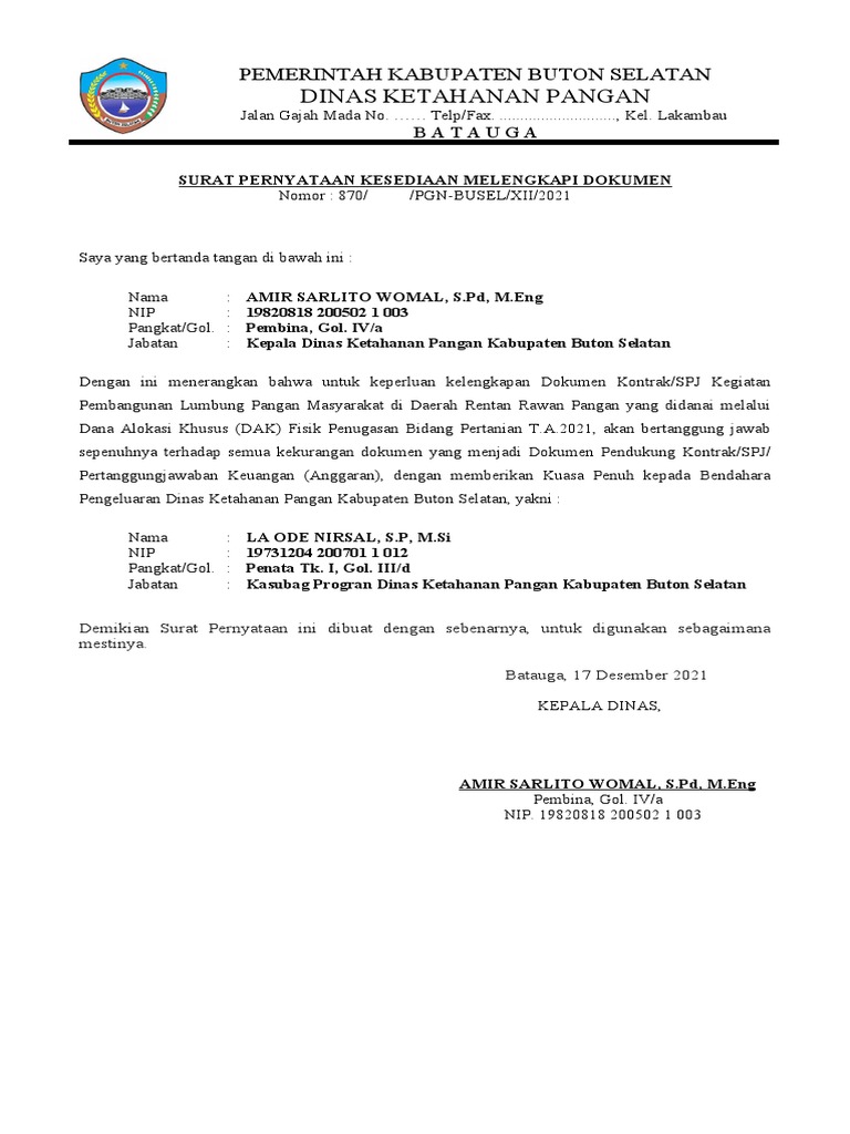 Surat Pernyataan Melengkapi Dokumen | PDF