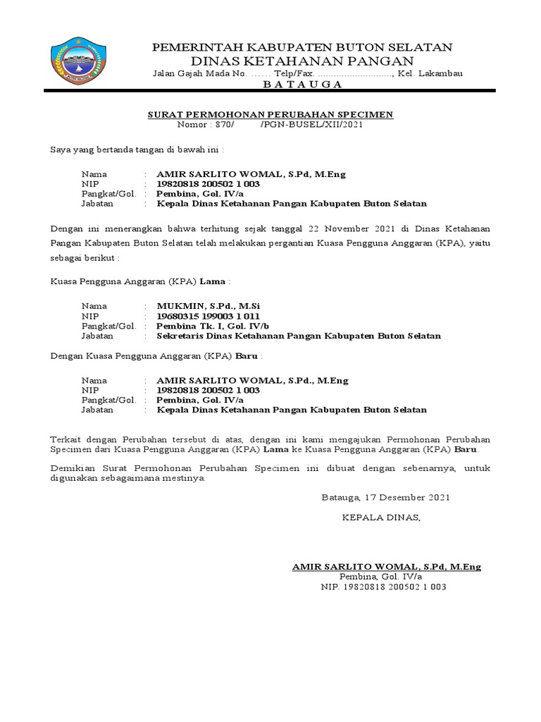 Permohonan Perubahan Specimen KPA | PDF