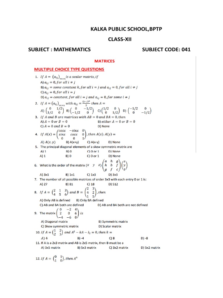 Class 12 Maths Worksheet | PDF