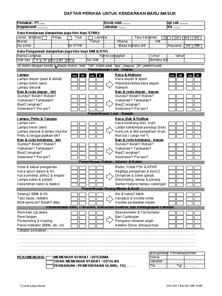 Checklist Penerimaan Kendaraan Baru | PDF