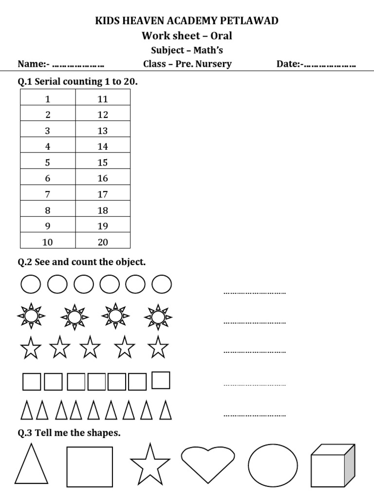Class Pre. Nursery Math's Oral Worksheet | PDF