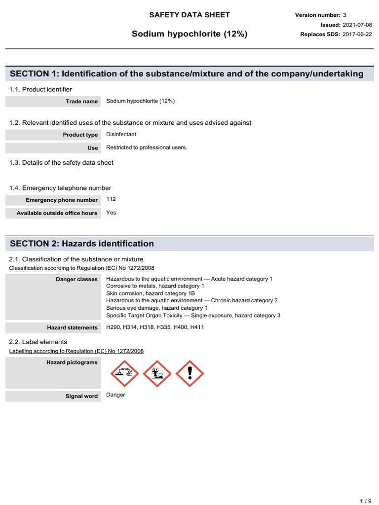 Sodium Hypochlorite (12%) : Safety Data Sheet | PDF