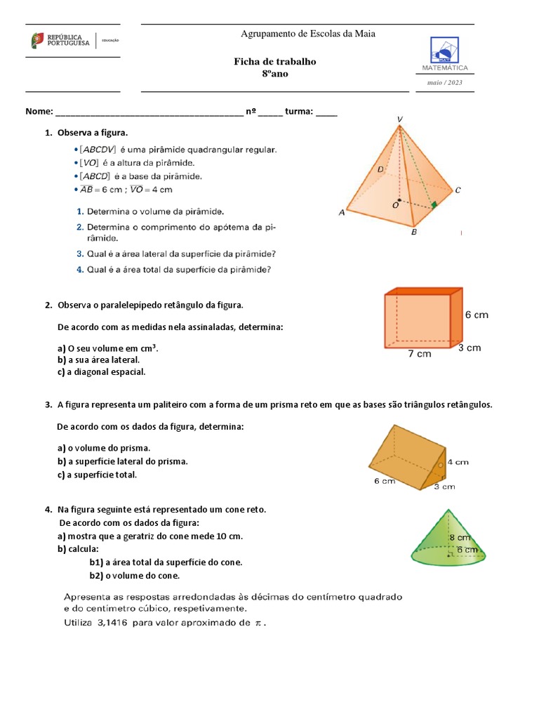 Ficha de Trabalho de Volumes 8ºano | PDF