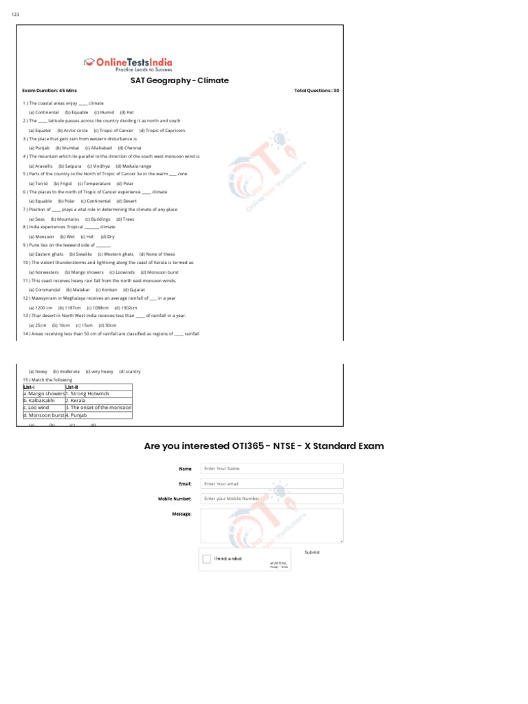 NTSE SAT Geography - Climate Practice Questions With Answer ... NTSE SAT Geography - Climate Practice Questions With Answer ...