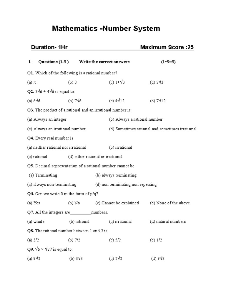 9-Maths-1-TP1-Number System - Test 2 | PDF | Numbers | Rational Number