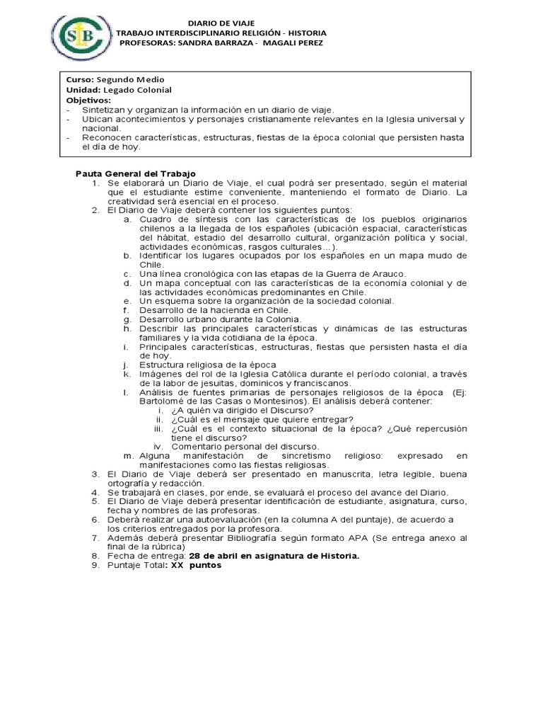 Rúbrica para Evaluar Diario de Viaje | PDF | Chile