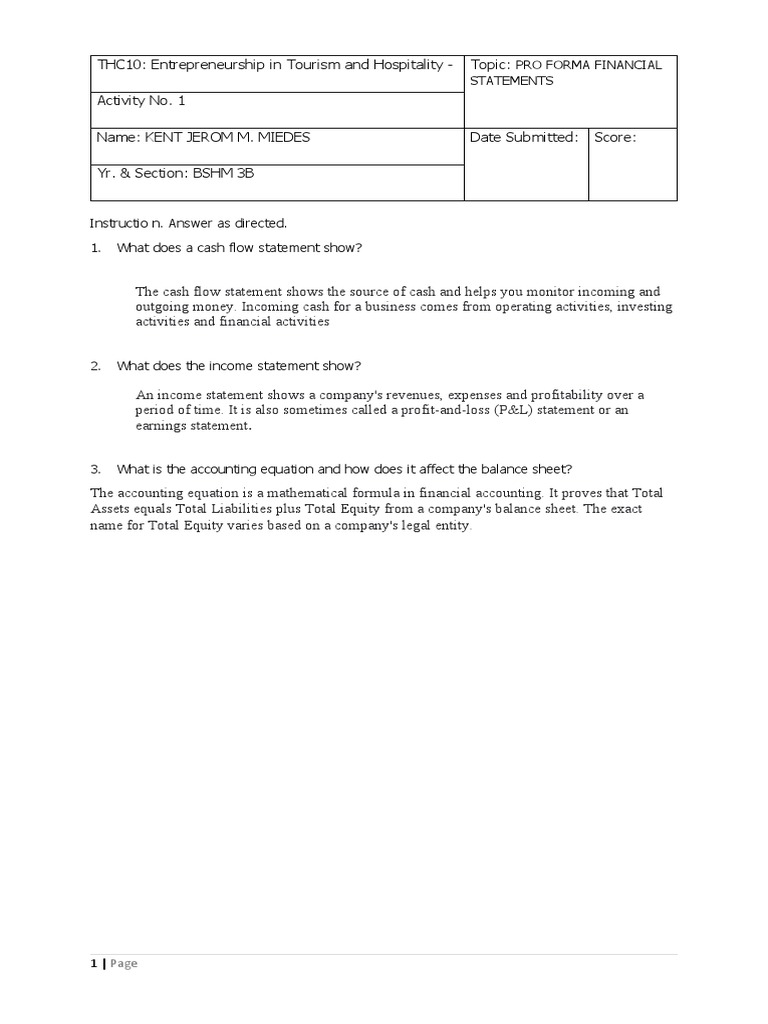 THC10: Entrepreneurship in Tourism and Hospitality - Topic: Activity No. 1 Name: Kent Jerom M ...