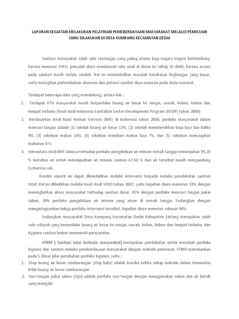 Laporan Kegiatan Melakukan Pelatihan Pemeberdayaan Masyarakat Melalui Pemicuan Yang Dilakukan Di ...