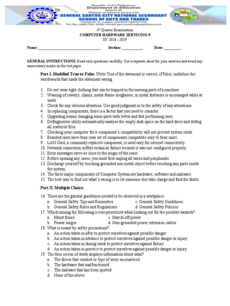 4th Quarter Examination in CHS 9 | PDF | Computer Network | Computer Hardware