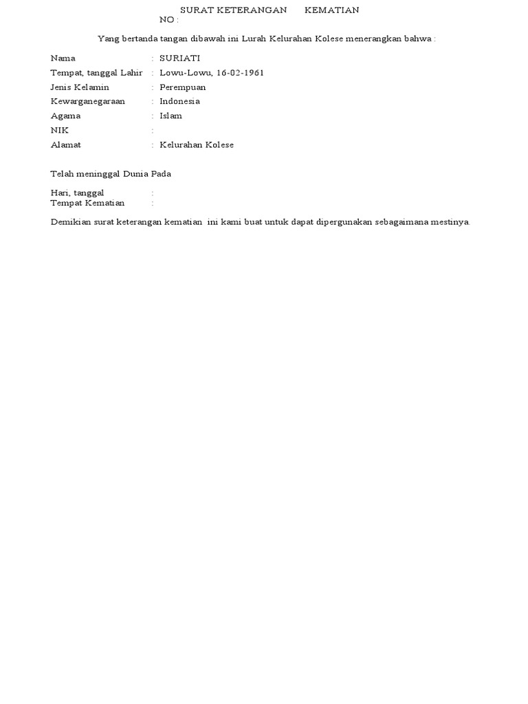 Surat Keterangan Kematian DR RT | PDF