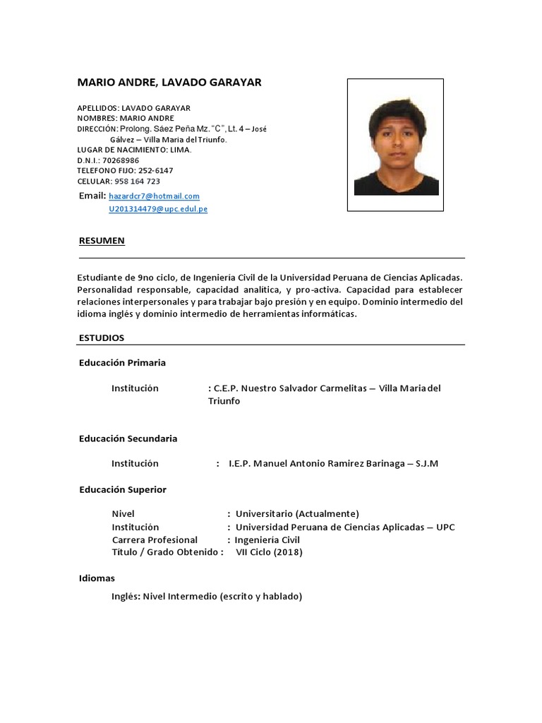 CV Mario Lavado Garayar | PDF | Crecimiento personal y profesional