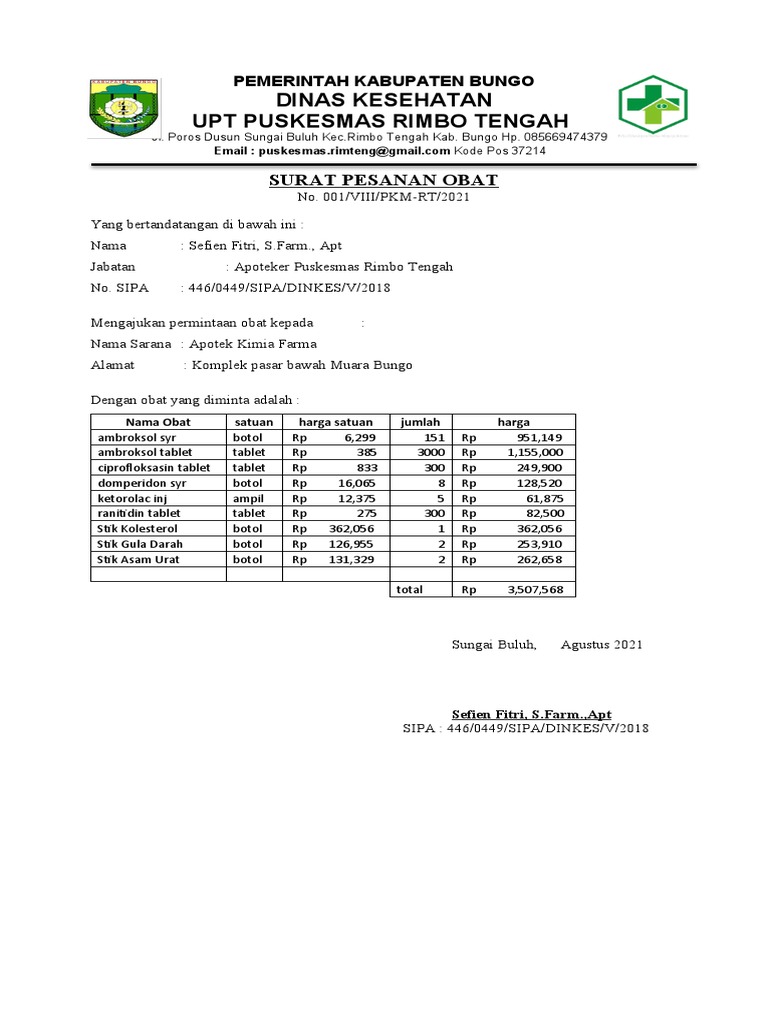 Surat Pesanan Obat Puskesmas Bungo | PDF