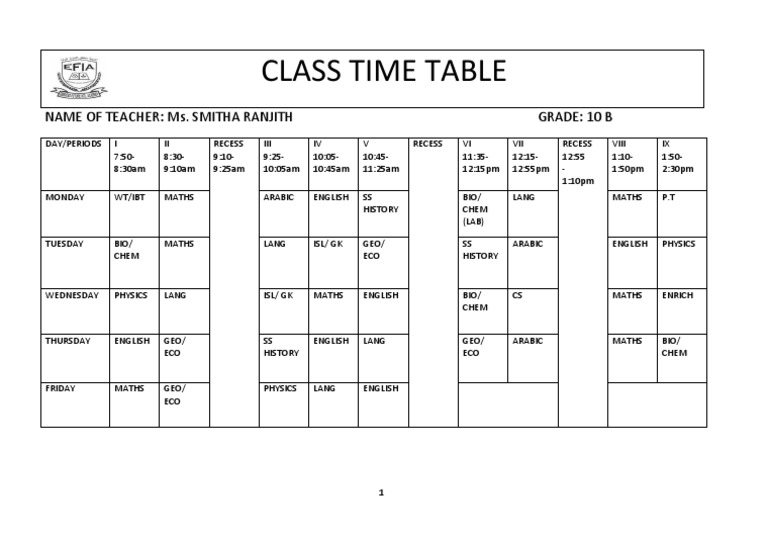 10b Class Time Table | PDF 10b Class Time Table | PDF