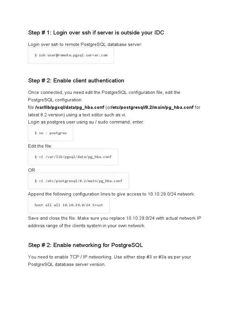 Enable Remote Access To PostgreSQL Database Server | PDF | Postgre Sql | Secure Shell