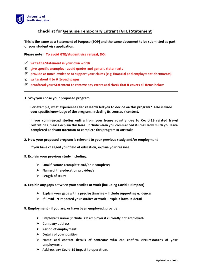 GTE Statement Checklist for Australia Visa | PDF | Travel Visa | Employment