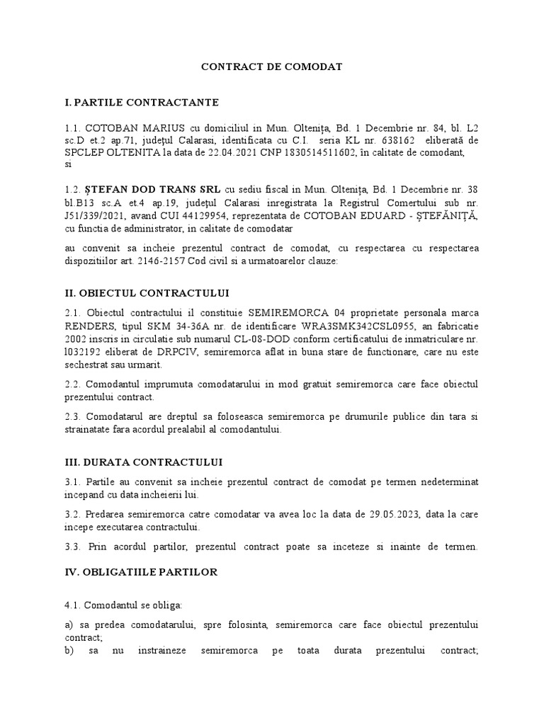 Contract Comodat Auto | PDF