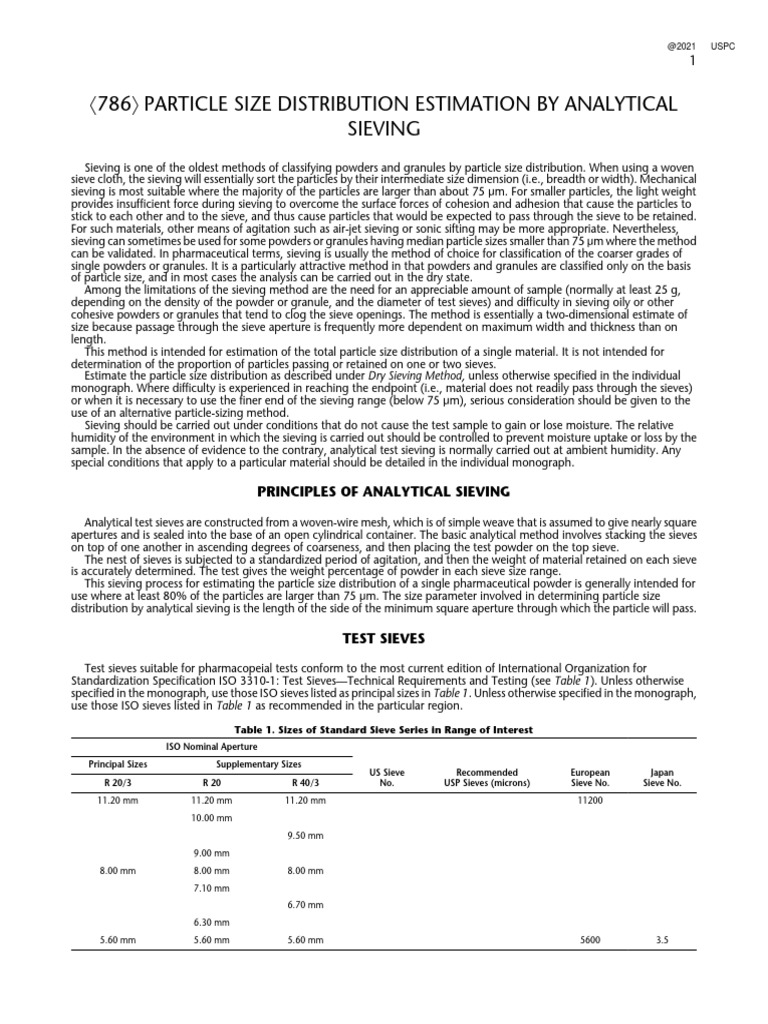 〈786〉 PARTICLE SIZE DISTRIBUTION ESTIMATION BY ANALYTICAL SIEVING | PDF | Particle Size ...