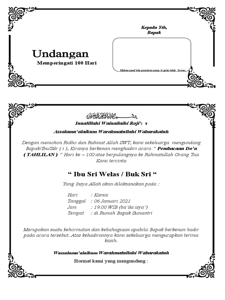 Contoh Undangan Tahlilan 40 Hari Meningg | PDF | Agama & Spiritualitas