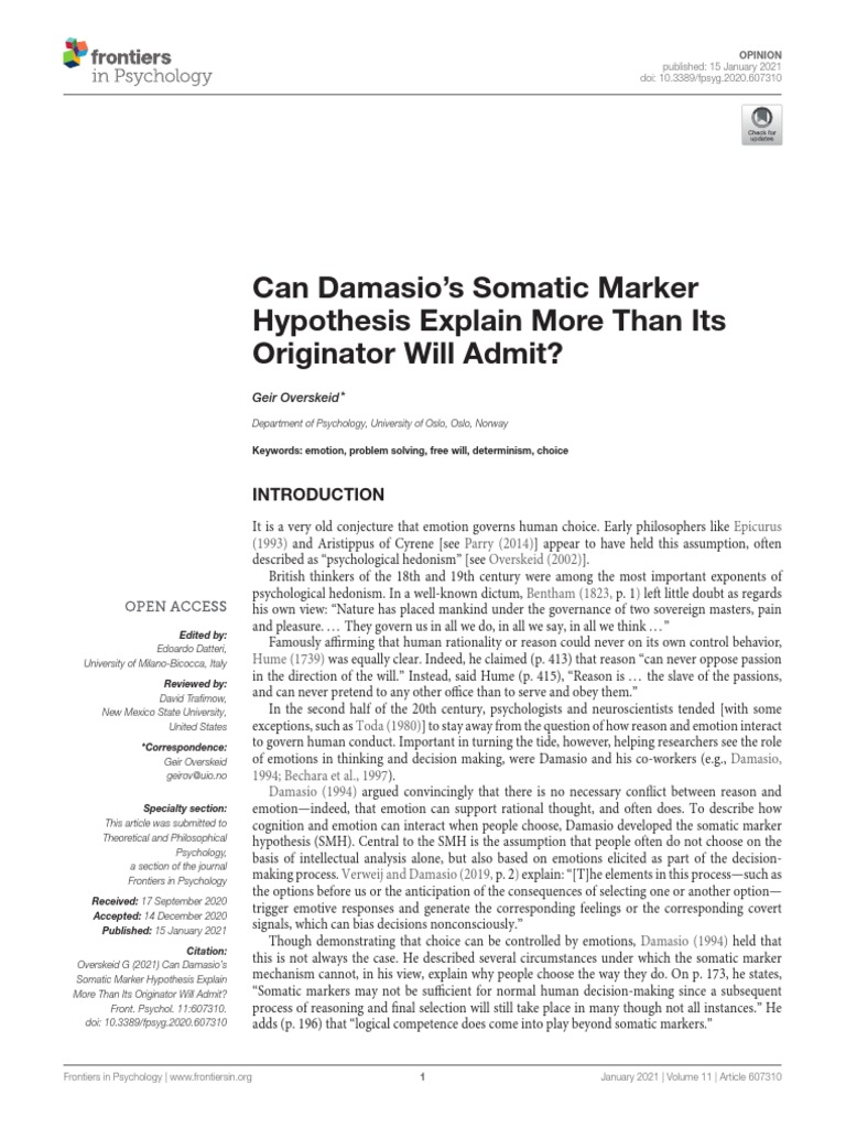 Overskeid - About Somatic Marker Hypothesis | PDF | Emotions | Reason