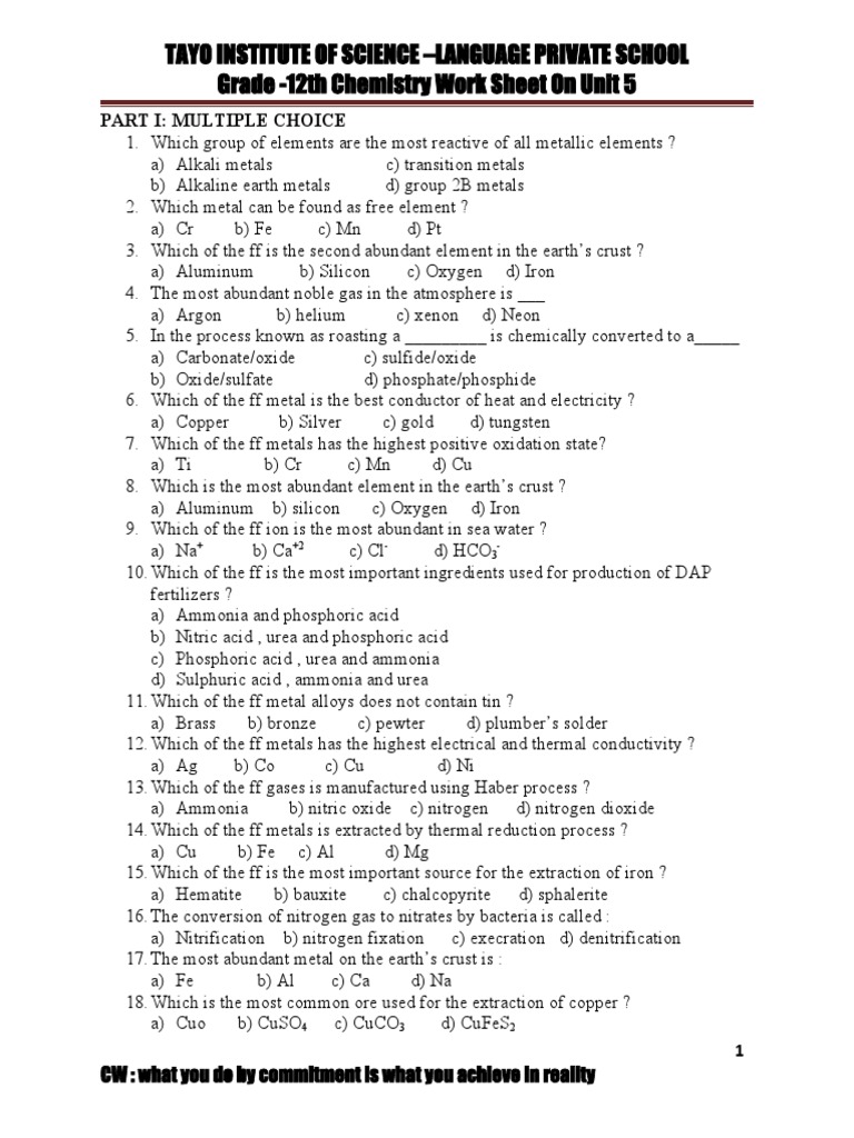 Grade 12 Work Sheet On Unit 5 | PDF | Nitric Acid | Iron