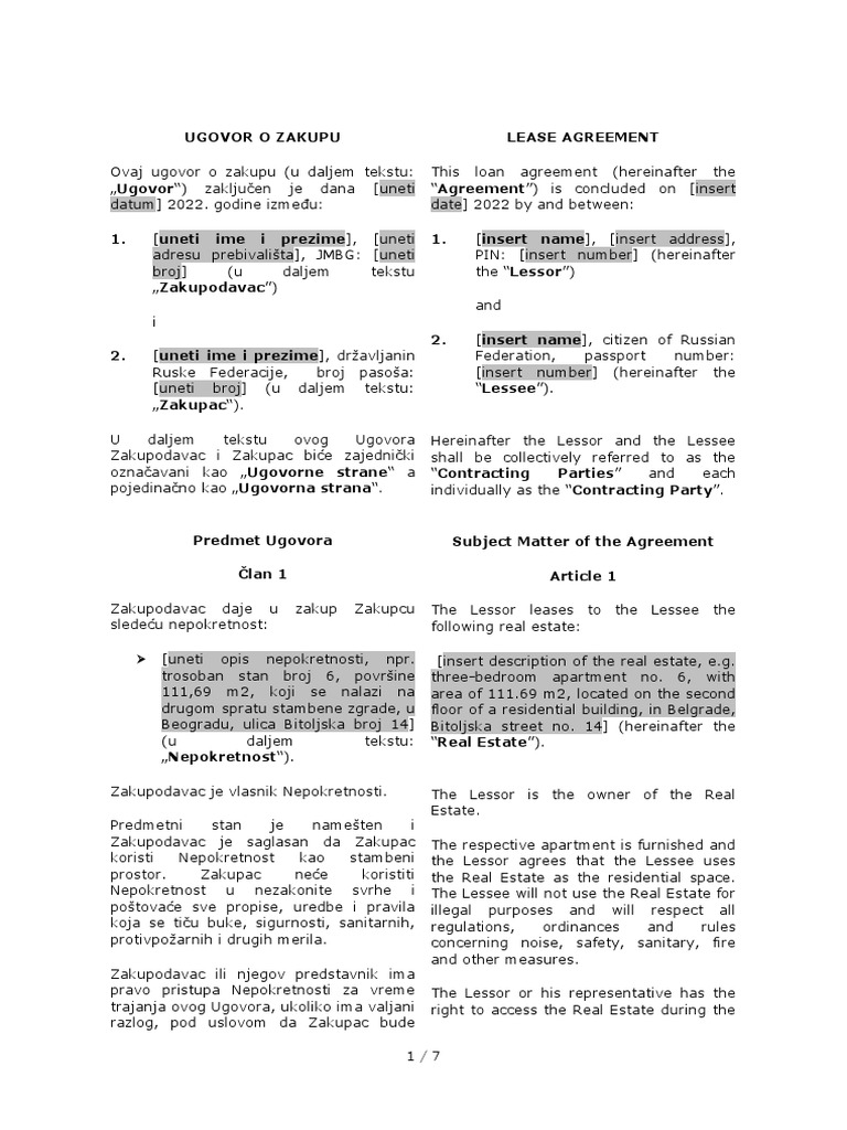 Model Lease Agreement For Foreign Employees Grid Dynamics Bilingual | PDF