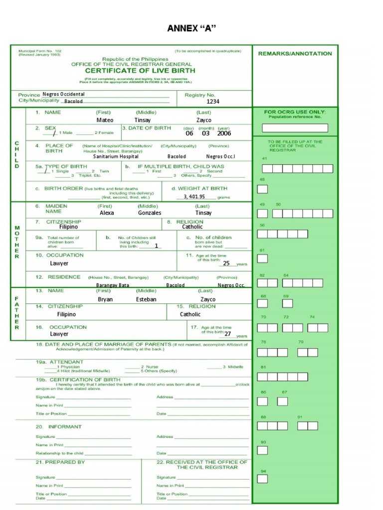 Annex a - Certificate of Live Birth | PDF