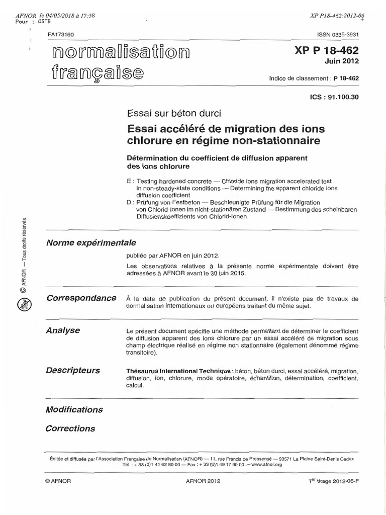 XP P 18-462 Migration of Chlorure | PDF