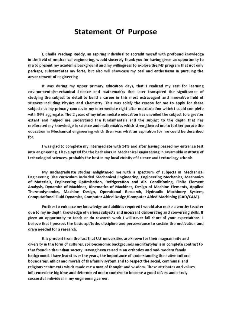 Statement of Purpose (Final) | PDF | Engineering | Mechanical Engineering