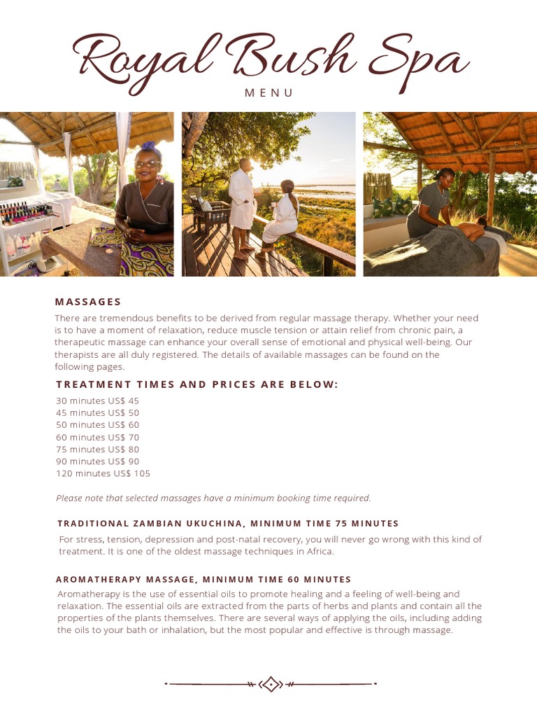 Royal Bush Spa Menu | PDF | Massage | Relaxation (Psychology)